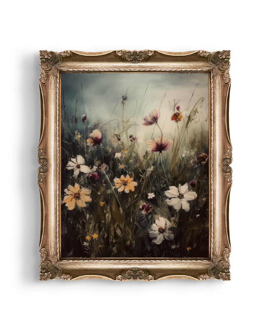 Moody Flower Field Print Rustic Dark Cottagecore Decor Vintage Oil ...