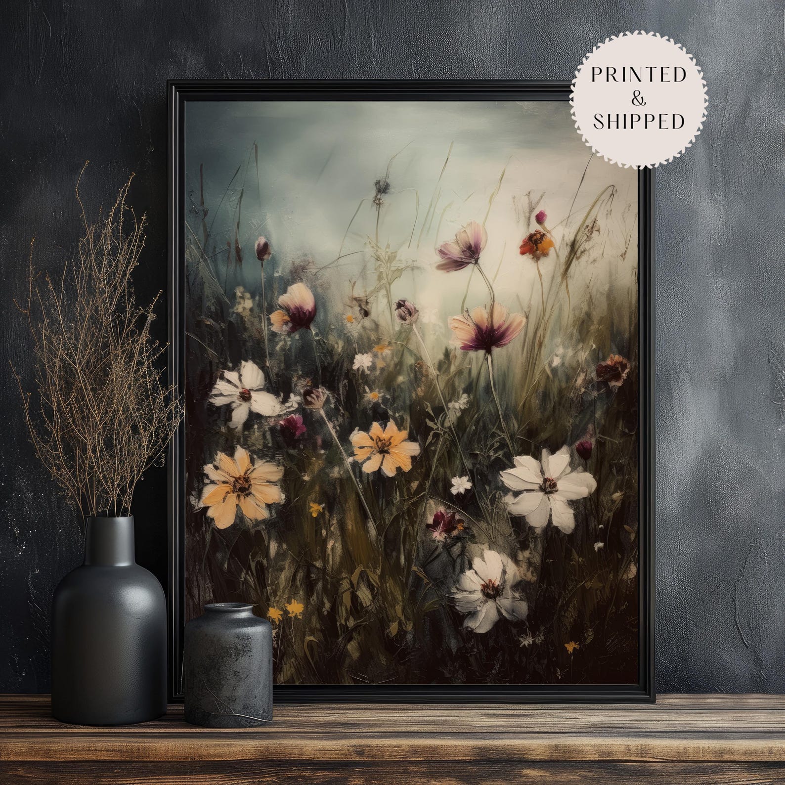 Moody Flower Field Print | Rustic Dark Cottagecore Decor | Vintage Oil ...