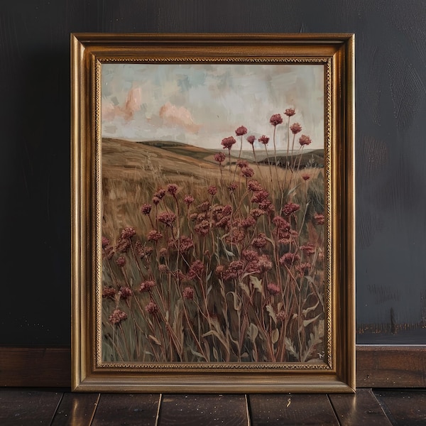 Dark Moody Flower Field Print | Rustic Cottagecore Decor | Vintage Oil ...