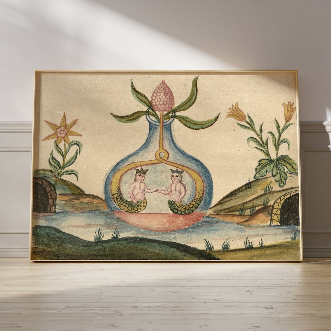 Vintage Alchemy Drawing Art Print, Antique Mermaids Painting, Ancient ...