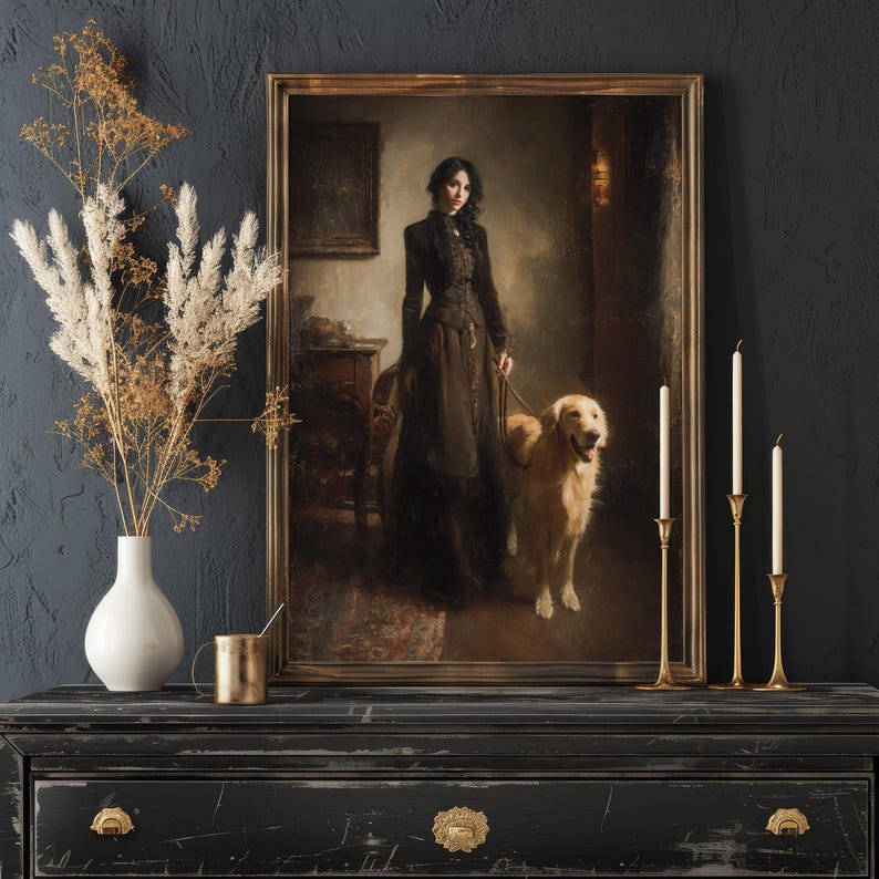 Victorian Woman Golden Retriever Wall Art Print, Vintage Dark Academia ...
