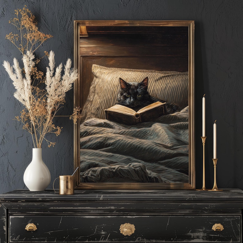 Black Cat Reading Bookish Wall Art Print , Dark Academia Library Decor ...