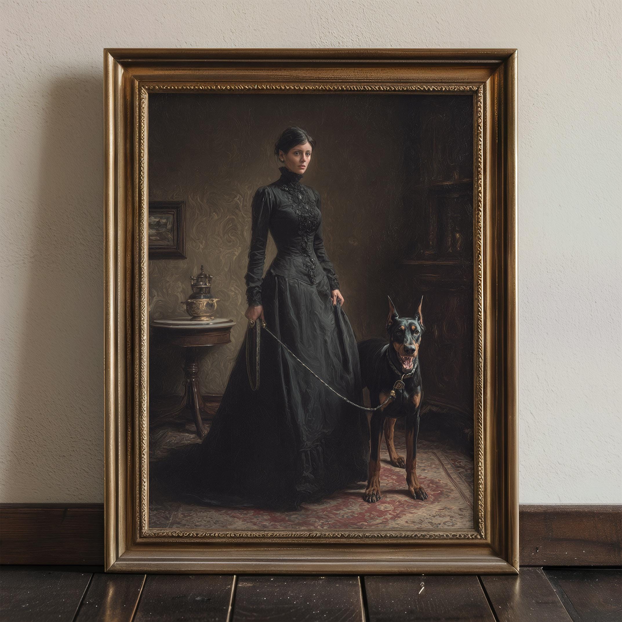 Victorian Woman Doberman Wall Art Print, Vintage Dark Academia Decor ...