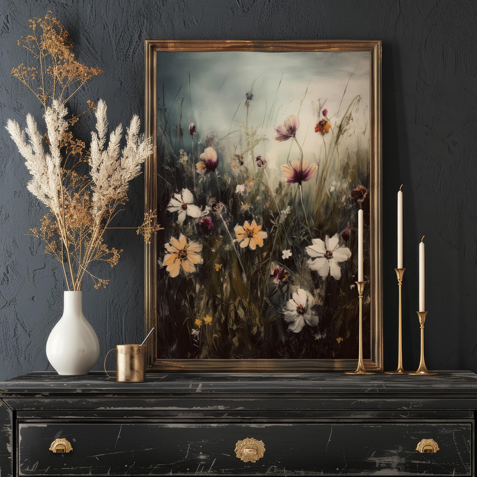Moody Flower Field Print | Rustic Dark Cottagecore Decor | Vintage Oil ...
