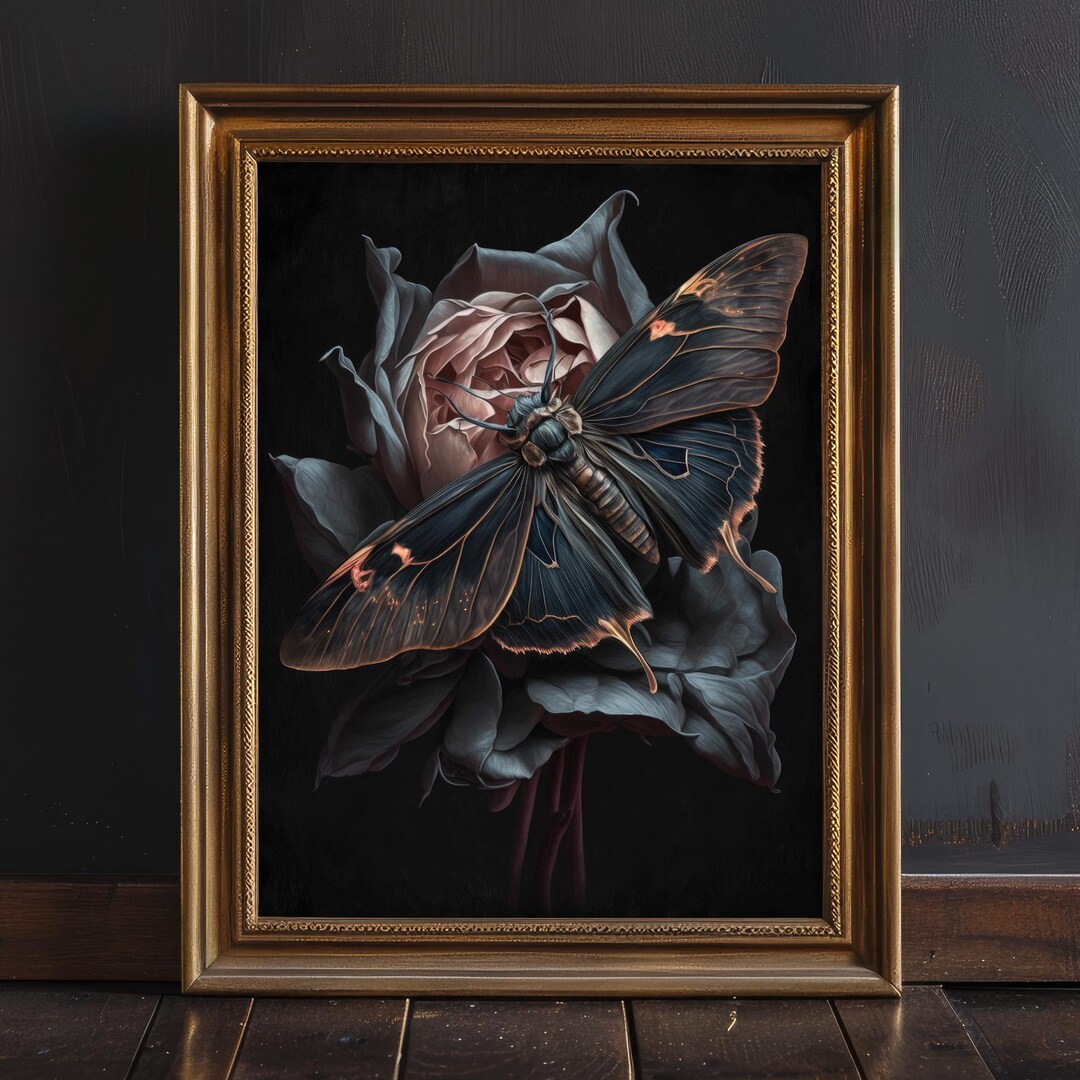 Dark Moth Botanical Art Print, Dark Gothic Room Decor, Goth Gift Wall ...