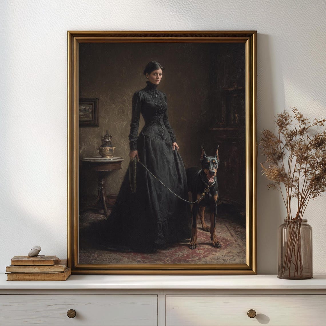 Victorian Woman Doberman Wall Art Print, Vintage Dark Academia Decor ...