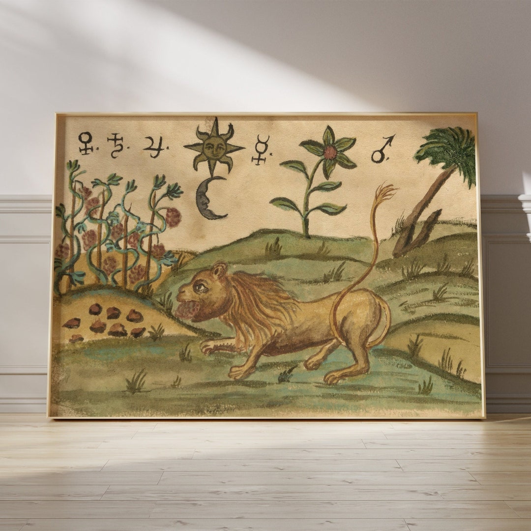 Vintage Alchemy Drawing Art Print, Antique Lion Painting, Ancient ...