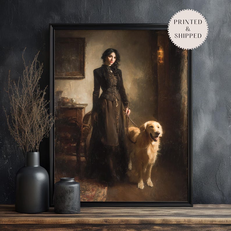 Victorian Woman Golden Retriever Wall Art Print, Vintage Dark Academia ...