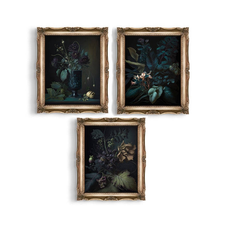 Dark Botanical Gallery Wall Set | Set of 3 Prints | Dark Goblincore ...