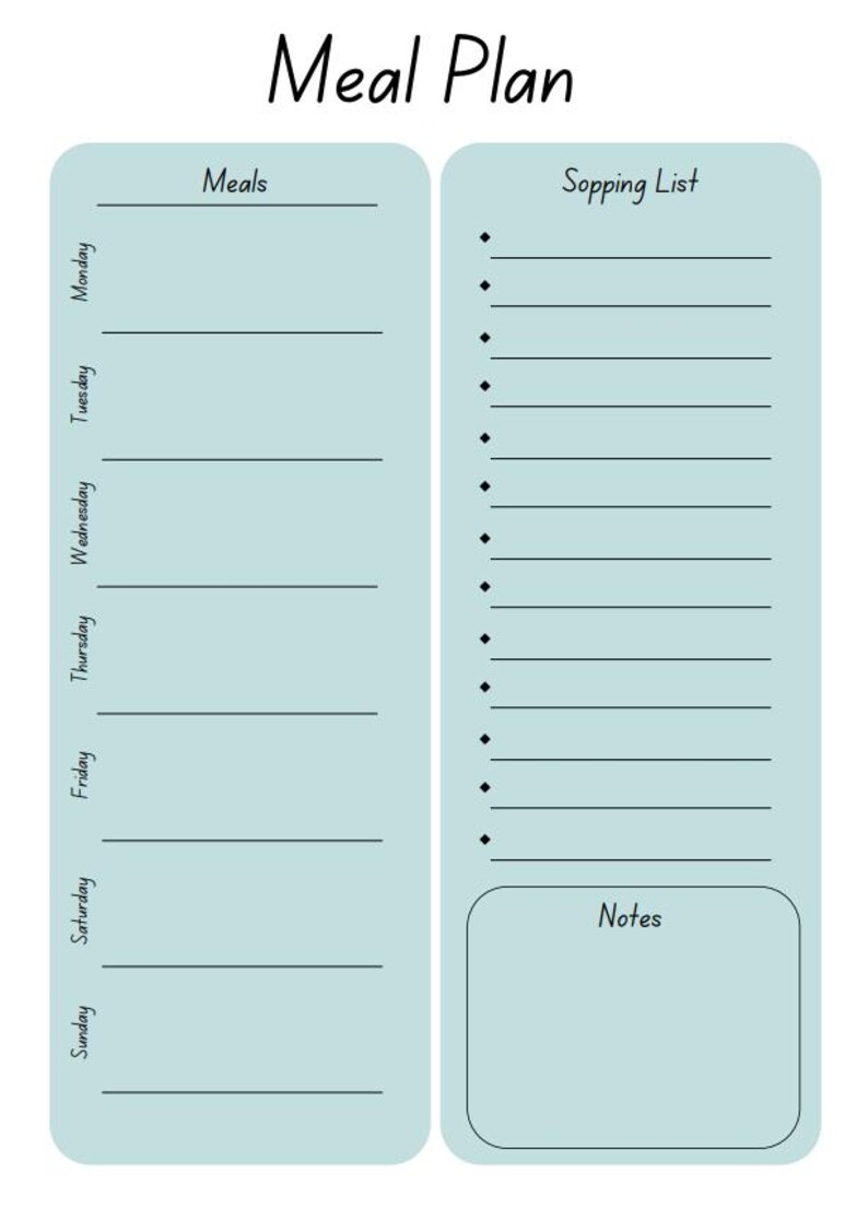 A4 Printable Weekly Meal Planner With Shopping List - Etsy