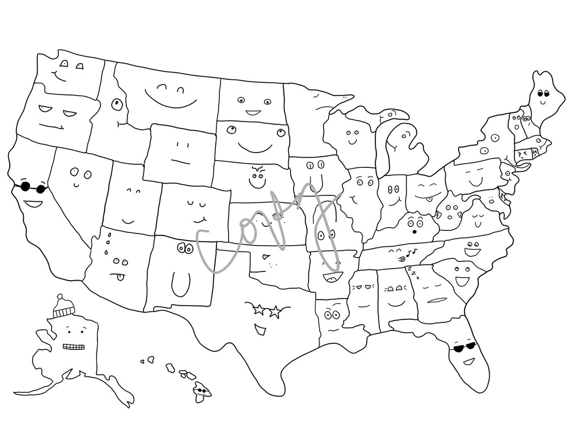 Printable United States Coloring Page | United States With Faces for ...