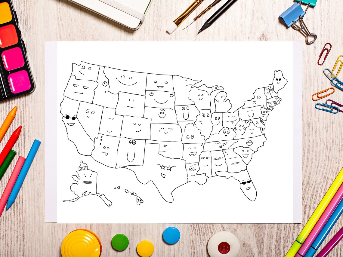 Printable United States Coloring Page | United States With Faces for ...