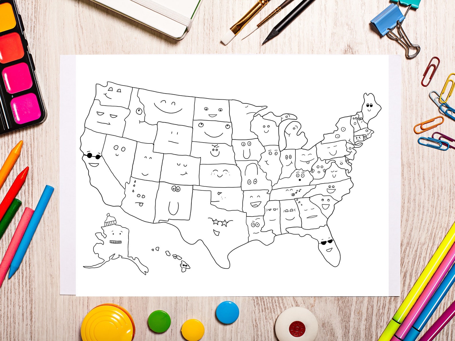 Printable United States Coloring Page | United States With Faces for ...