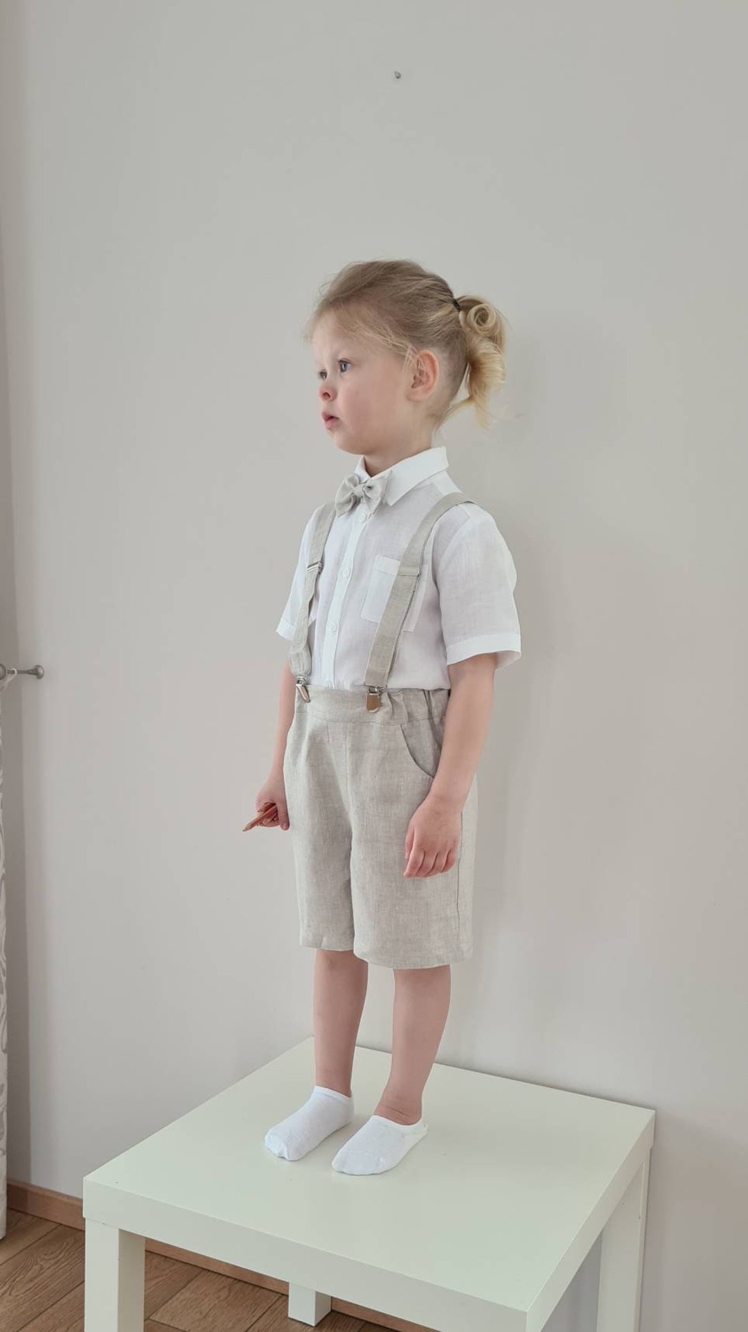 Page Boy Beige Linen Shorts With Suspenders, Toddler Sage Ring Bearer ...