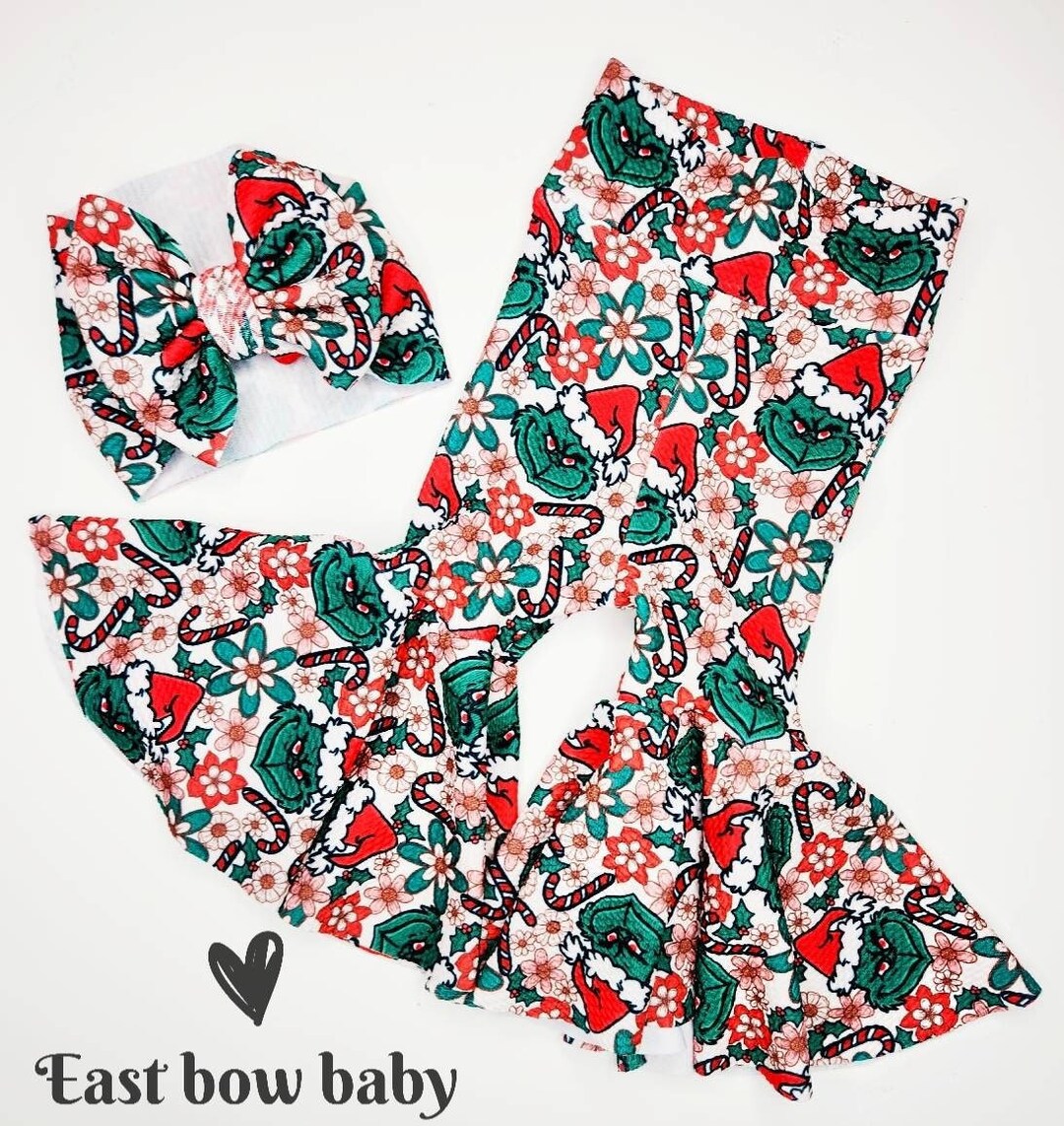 Grinch Floral Bellbottom Set, Grnch Floral Bow, Grnch Floral Flares ...