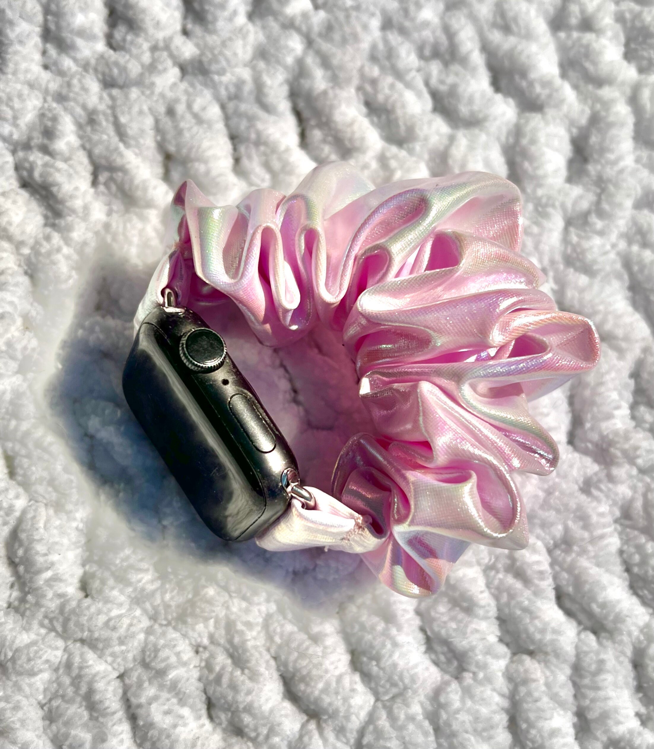 Apple Watch Band Cute Iridescent Pink and Silver Scrunchie - Etsy