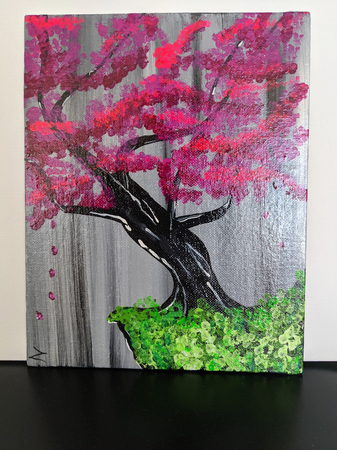 Japanese Cherry Tree, Grey Background, Neon Pink Blossom - Etsy