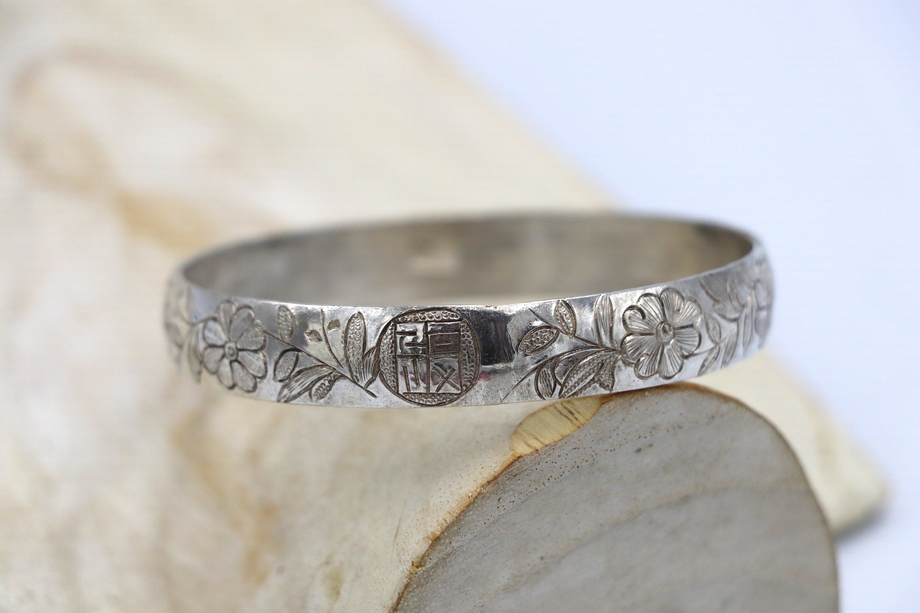 Vintage Chinese Silver Bangle Bracelet Floral Engraved - Etsy