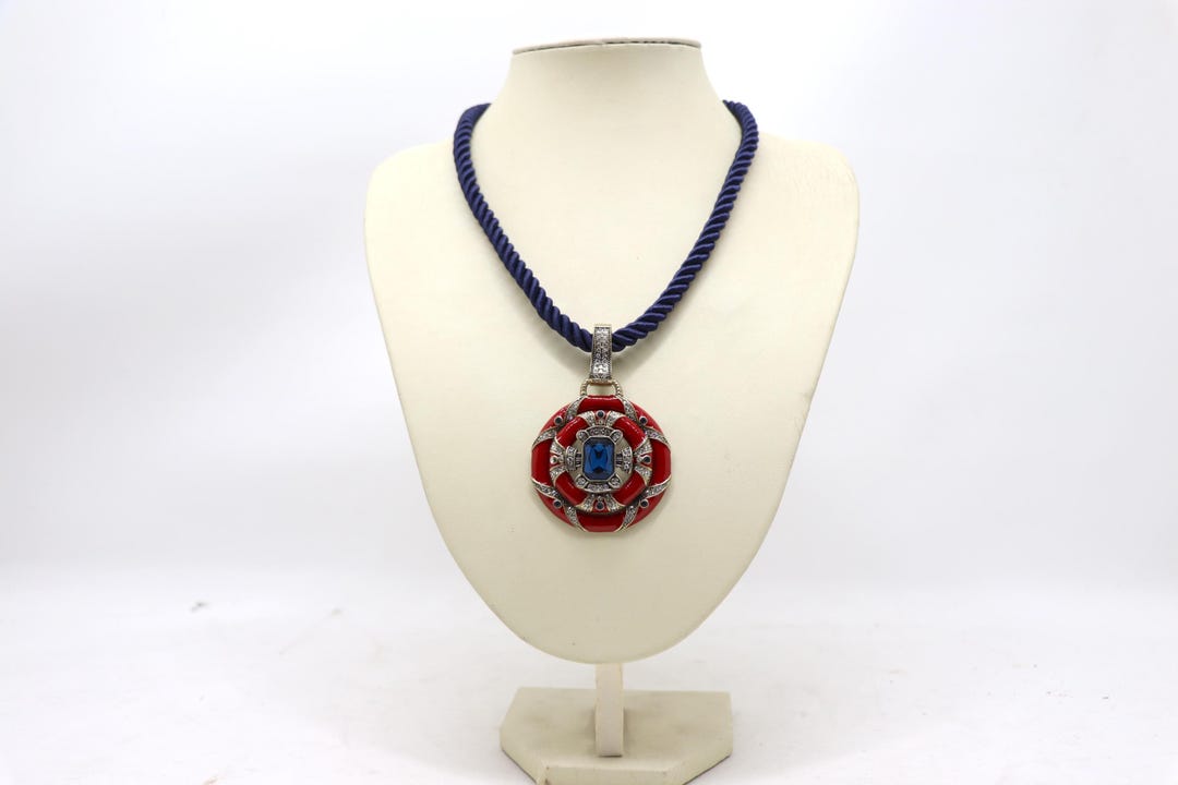 HEIDI DAUS Newport Chic Red Enamel and Blue Rhinestone Pendant Necklace ...