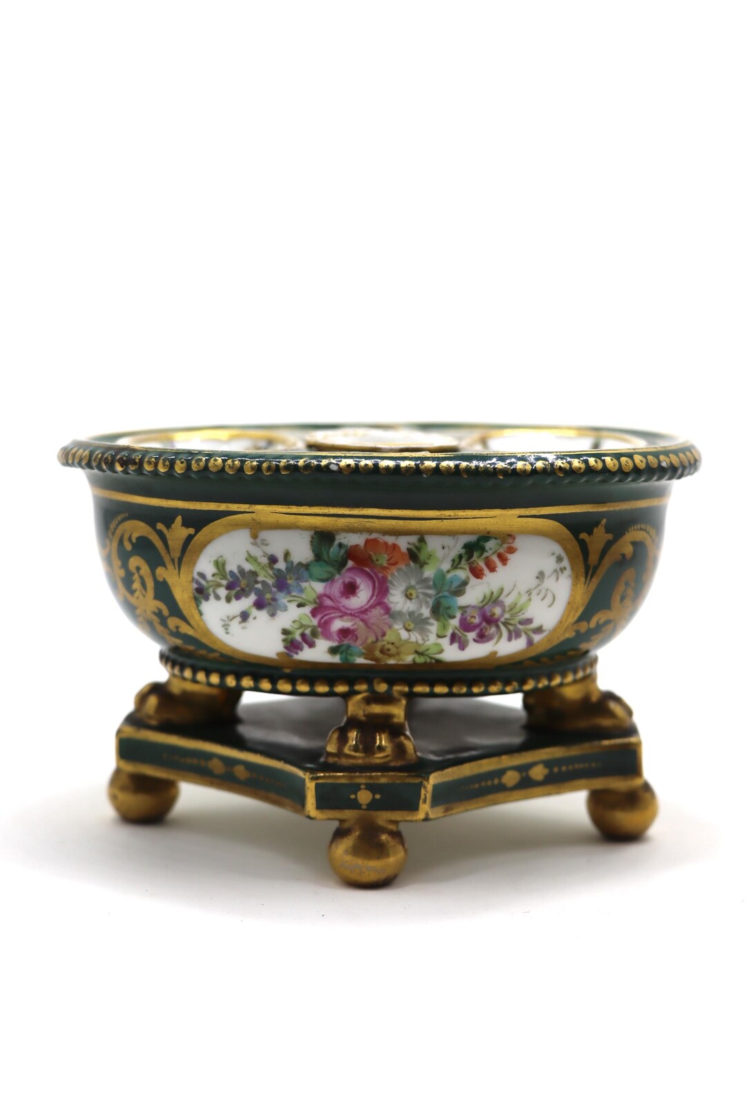 Antique French Porcelain Sevres Inkwell, Handpainted Green and Floral ...