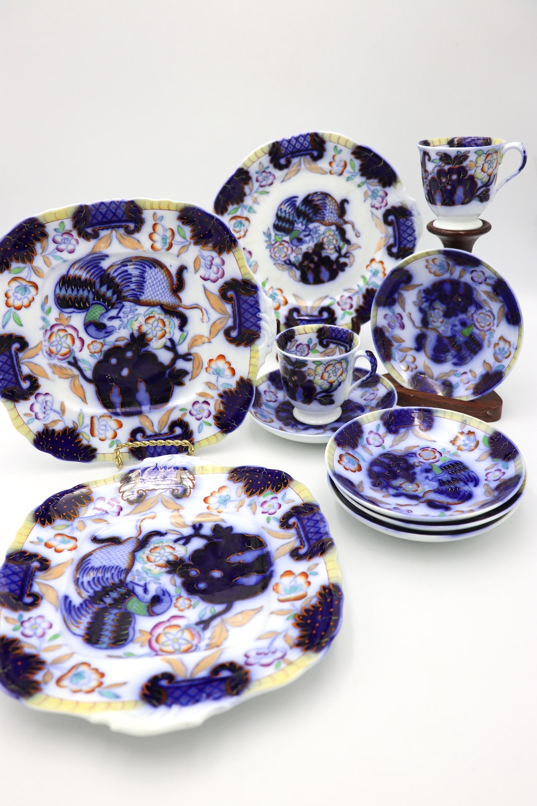 English Polychrome Flow Blue Porcelain Tea Cup & Dessert Luncheon Plate ...