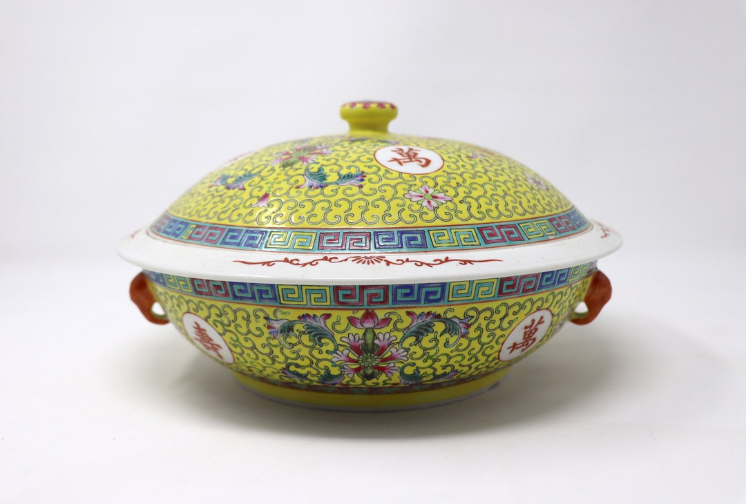Vintage Chinese Tureen, Jiangxi Jingdezhen Mun Shou Porcelain, Yellow ...