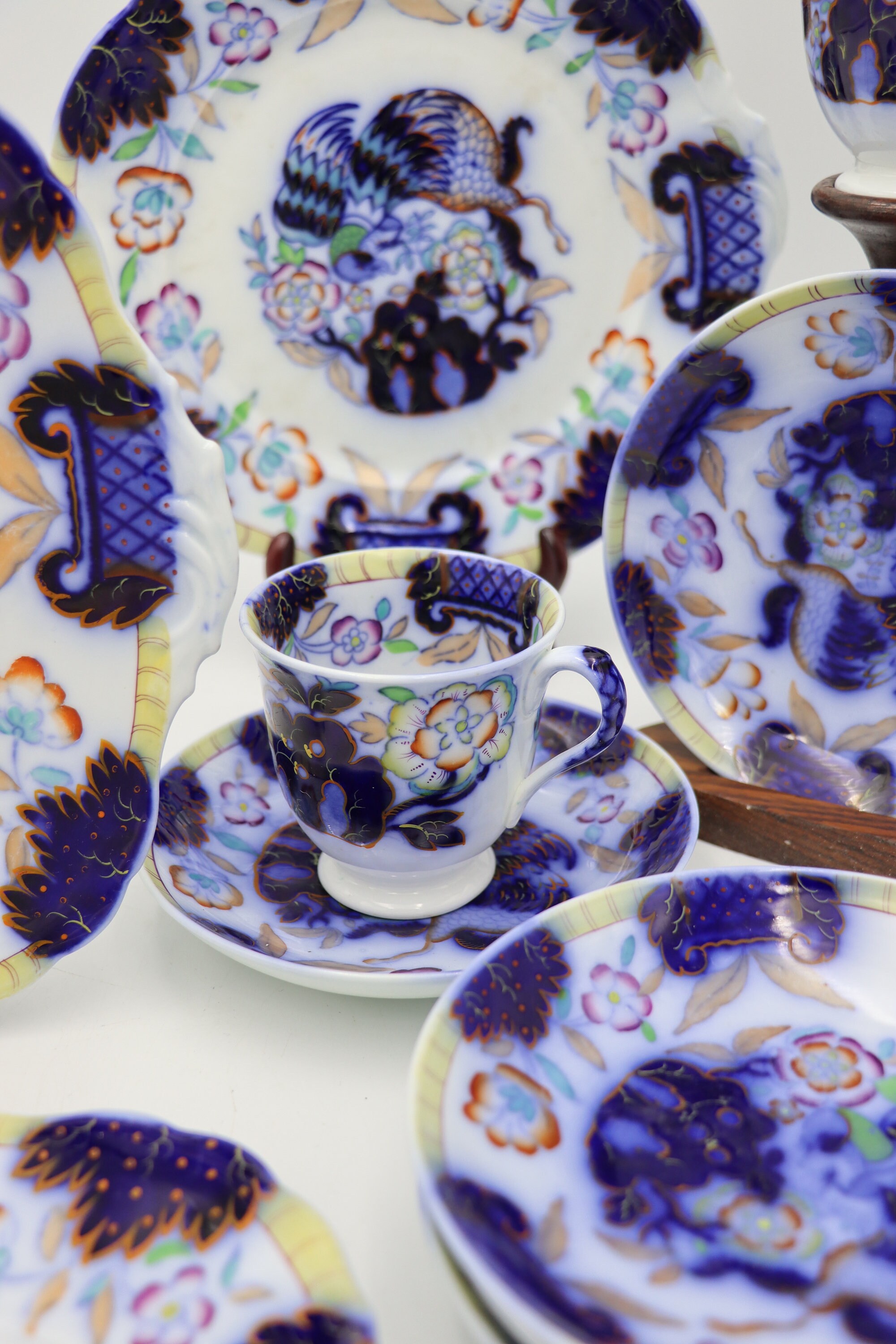 English Polychrome Flow Blue Porcelain Tea Cup & Dessert Luncheon Plate ...