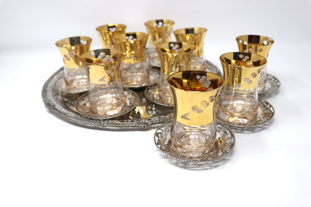 Vintage Turkish Silver Tray W/ Tea Glasses & Silver Saucers/plates, Set ...