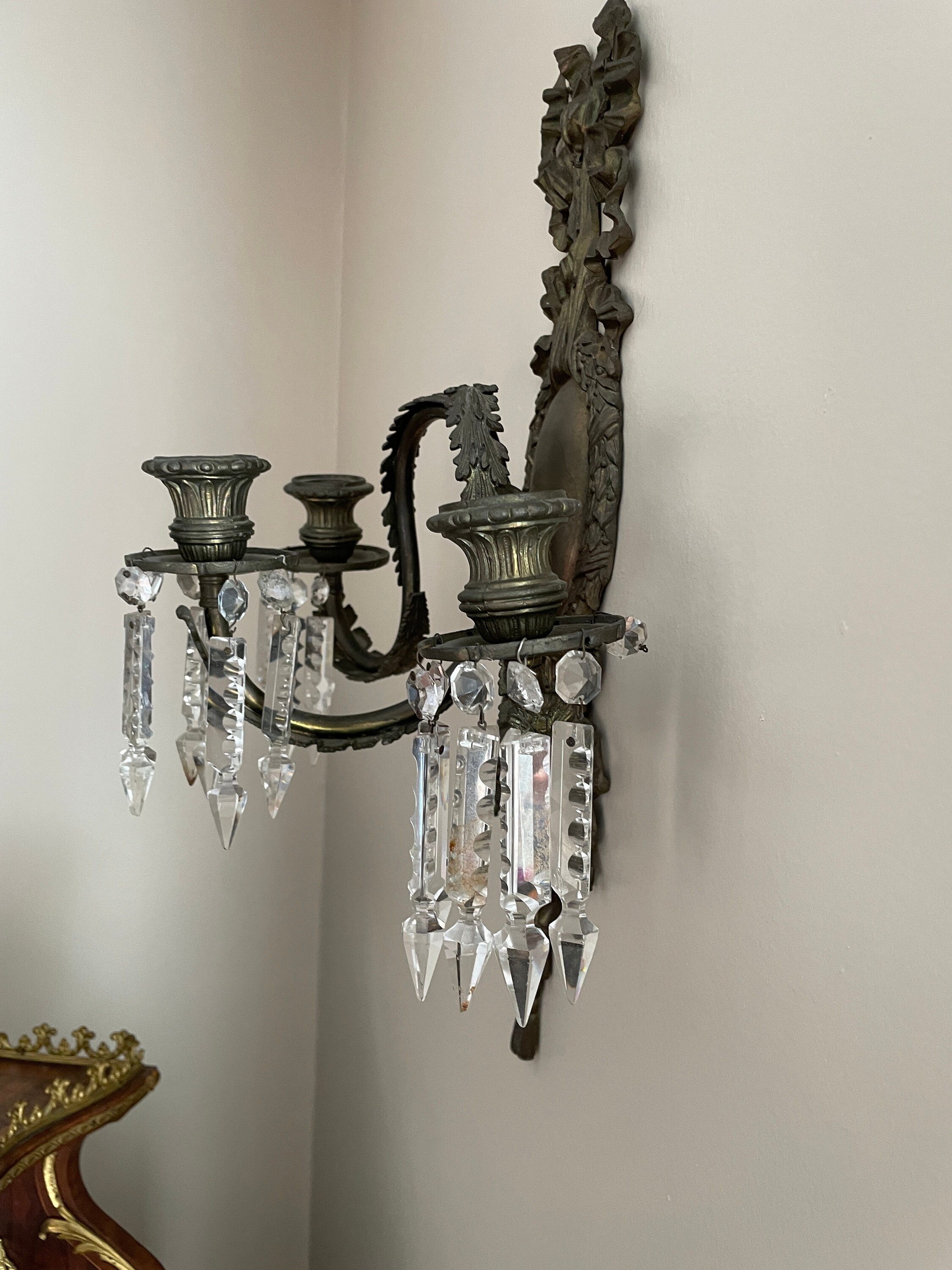 Pair of Antique 19th Century French Bronze Cut Crystal Prism 3 Arm ...