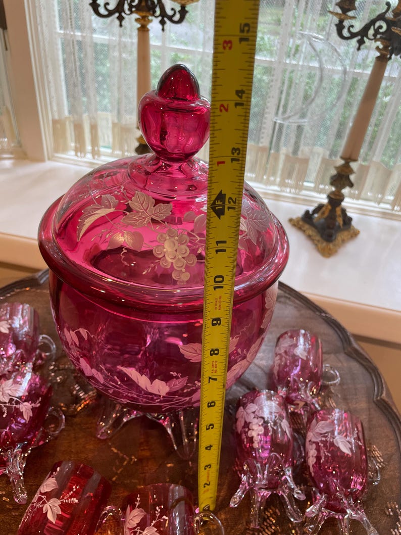 Vintage Ruby Red Glass Punch Bowl Set Etched Grape Leaf Crystal Mugs ...