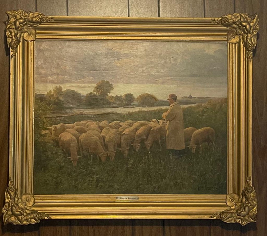 Antique Oil Painting Flock of Sheep Pastoral Painting Original Signed ...