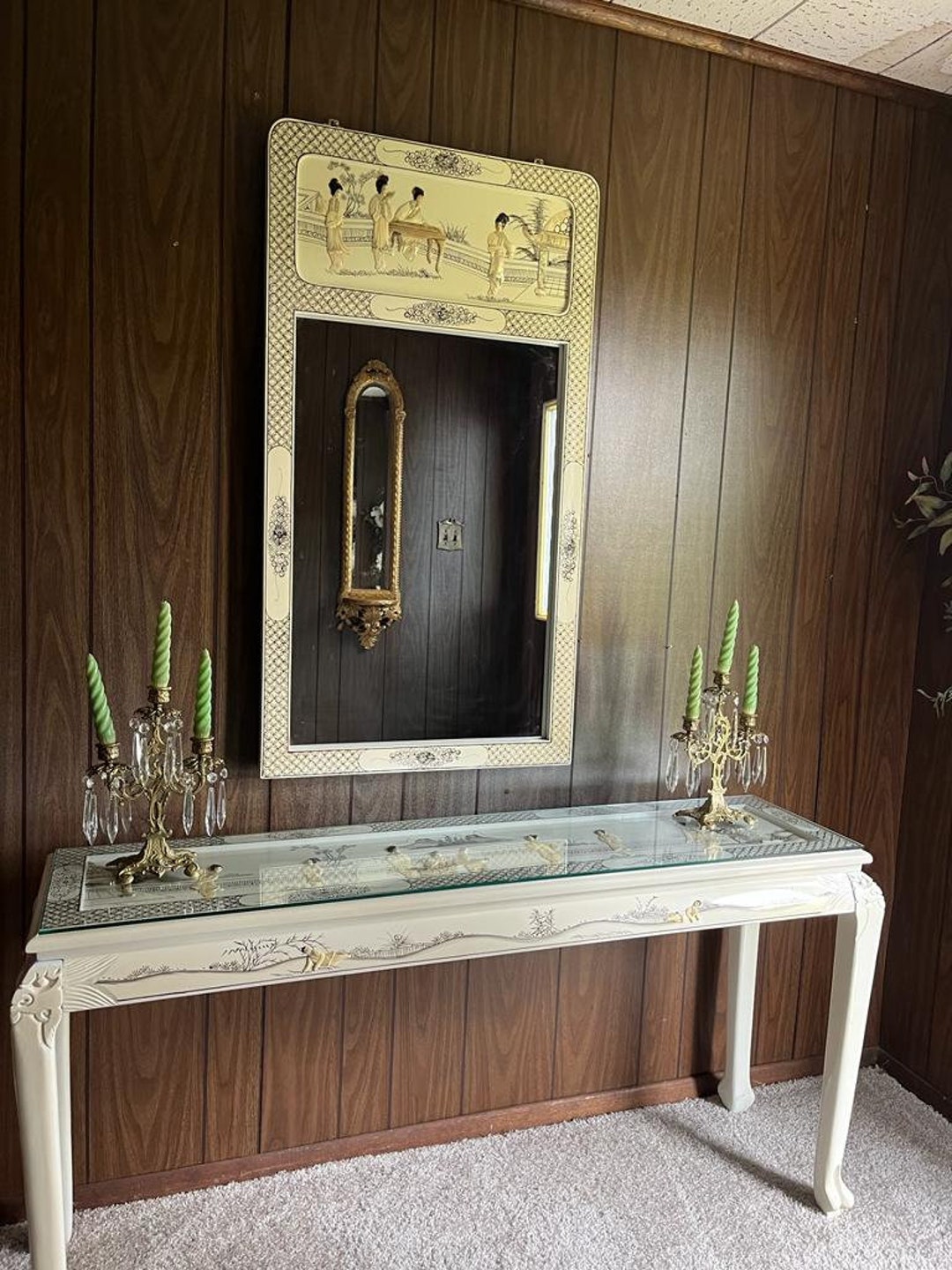 Vintage Asian Console Table Mirror Set Hand Painted Glass Top Cream ...