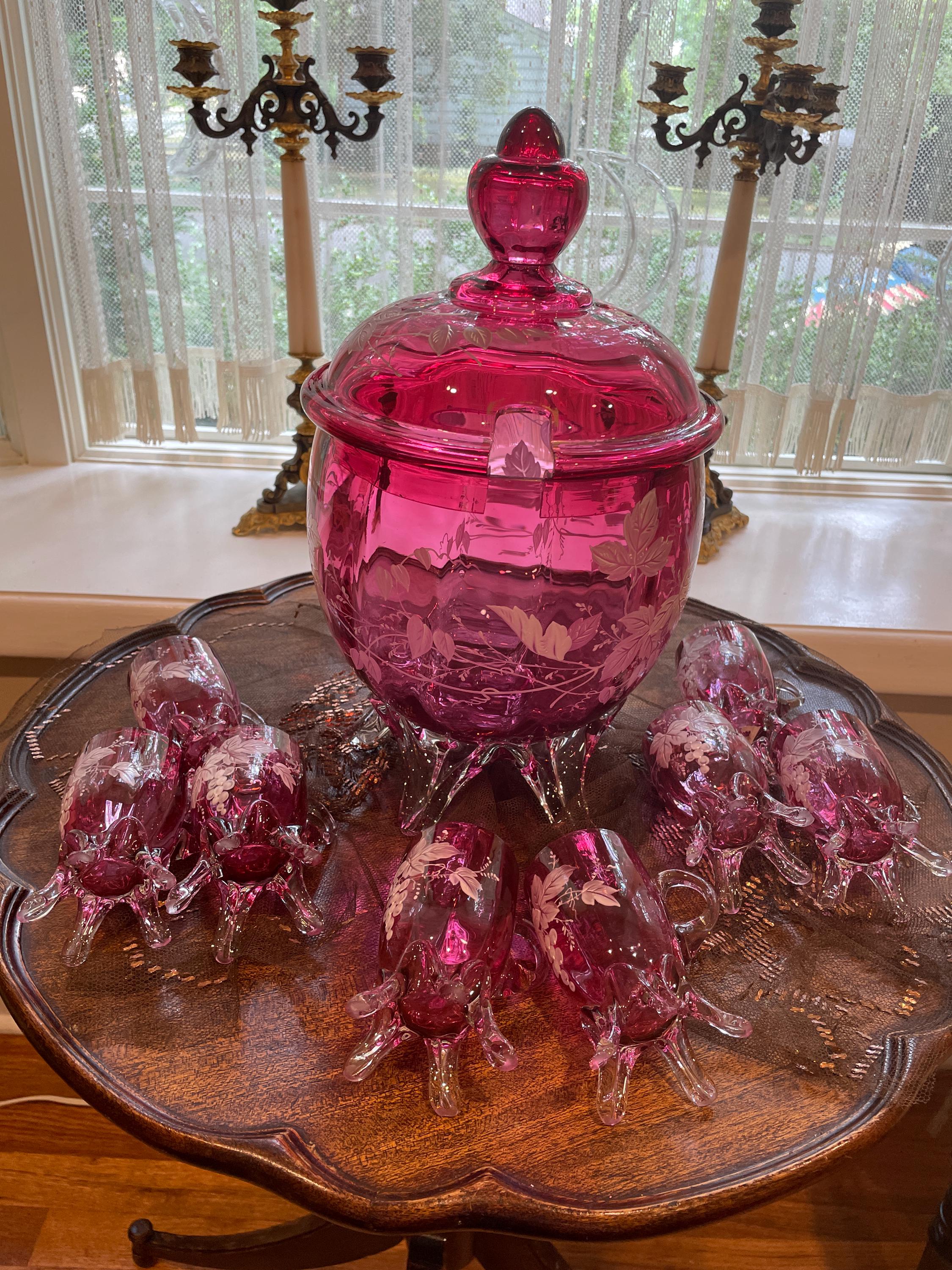 Vintage Ruby Red Glass Punch Bowl Set Etched Grape Leaf Crystal Mugs ...