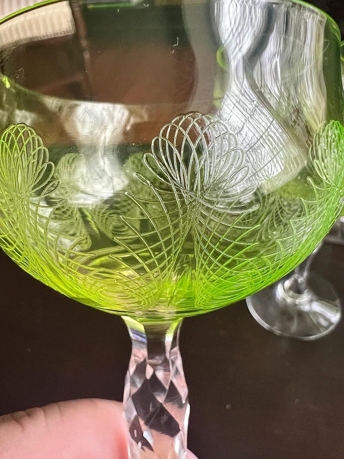 Rare Amazing Set of 12 Vintage Uranium Green Etched Crystal Goblet Wine ...