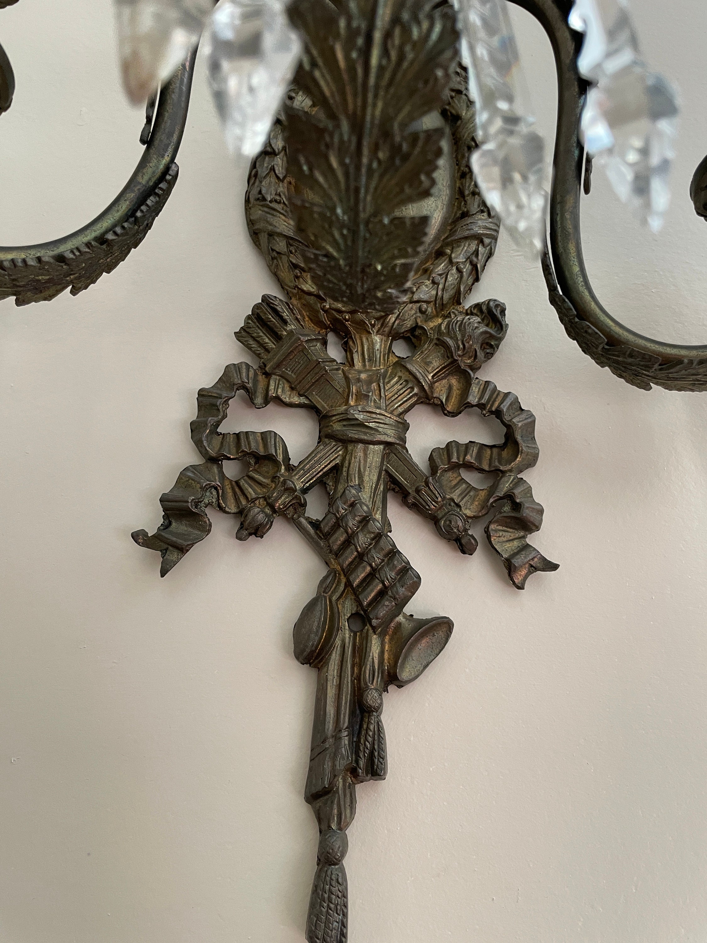 Pair of Antique 19th Century French Bronze Cut Crystal Prism 3 Arm ...