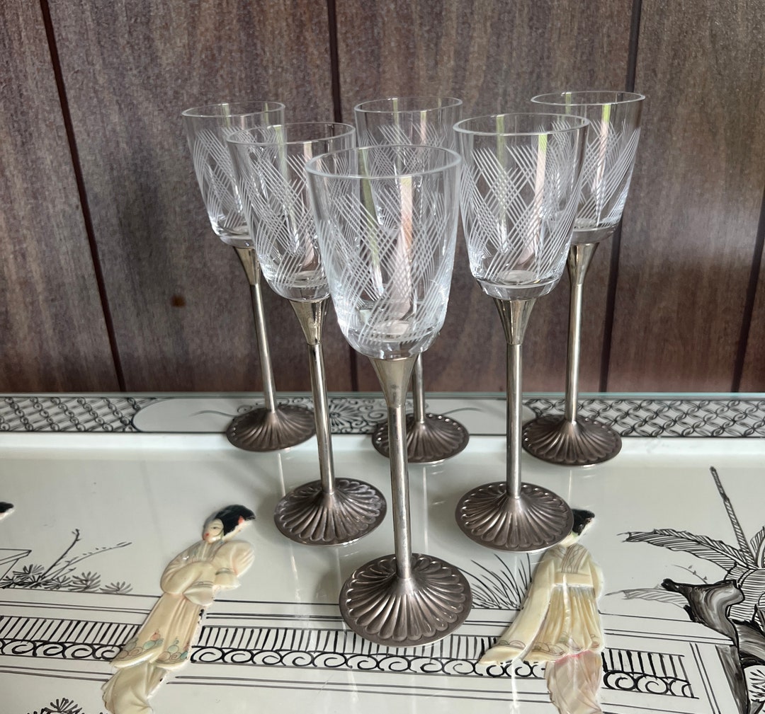 Antique Art Deco Metal Flute Crystal Etched 6pcs Set Wine Glasses - Etsy