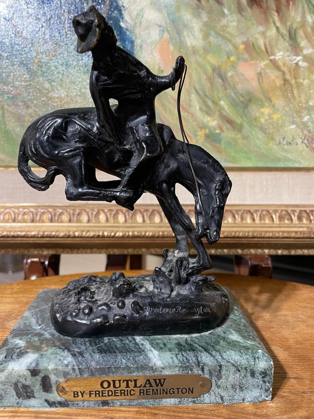 Frederic Remington Bronze Cowboy Statue on Green Marble Base - Etsy