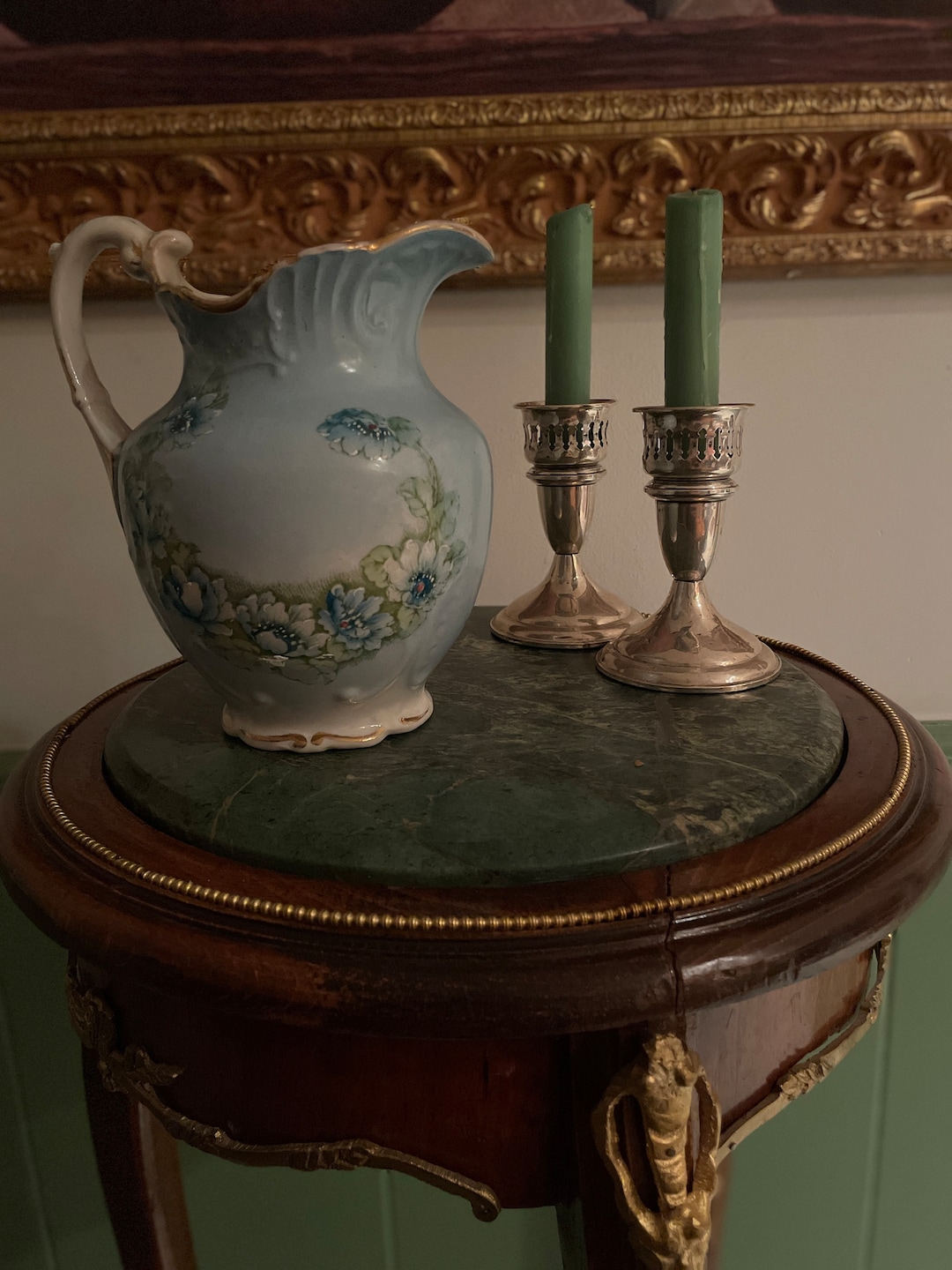 Vintage Silver Plated Candle Holders Pair With Floral Porcelain Pitcher ...