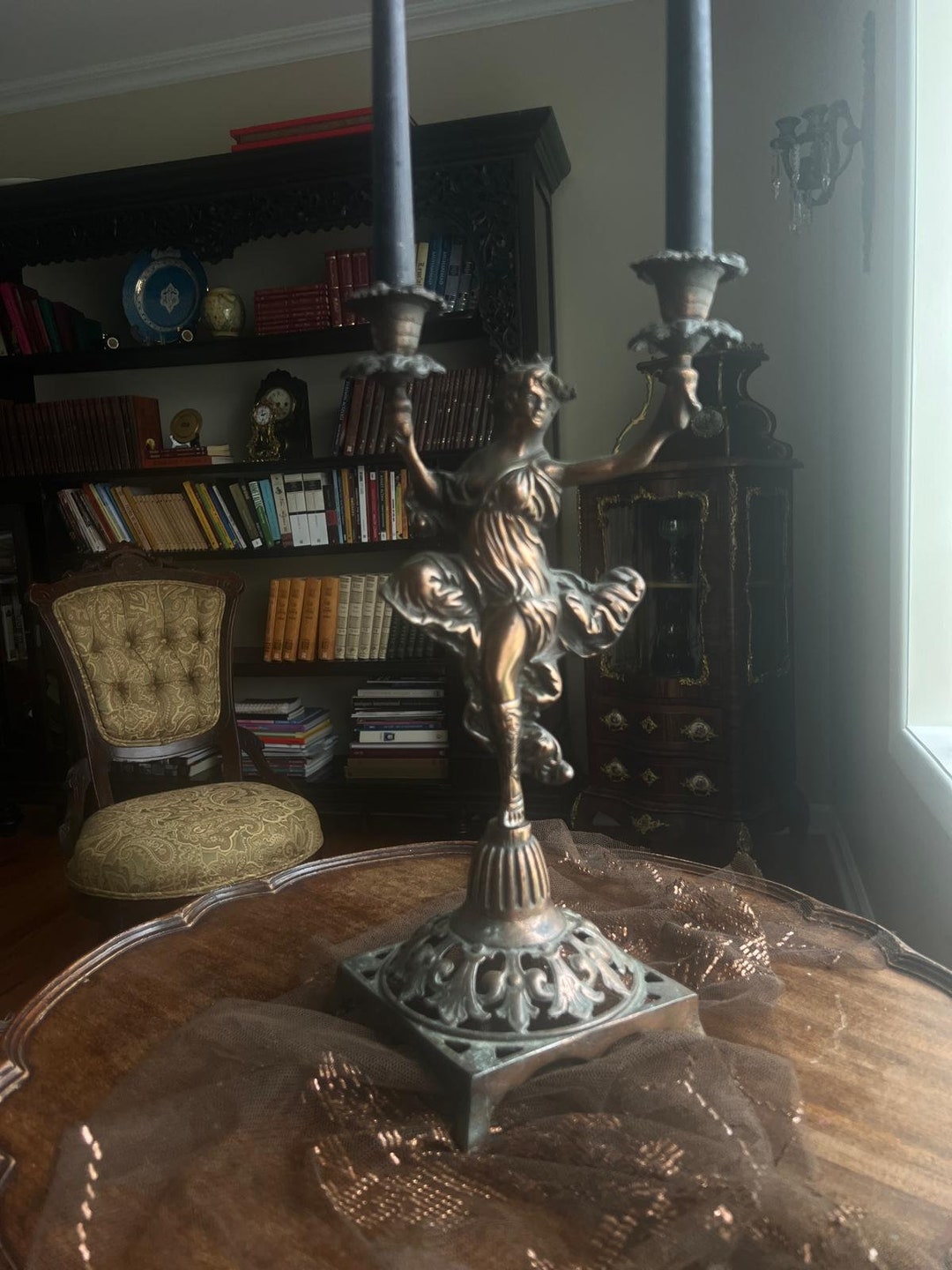 Antique Art Nouveau Cast Metal Candelabra Dancing Woman Figurine Two ...