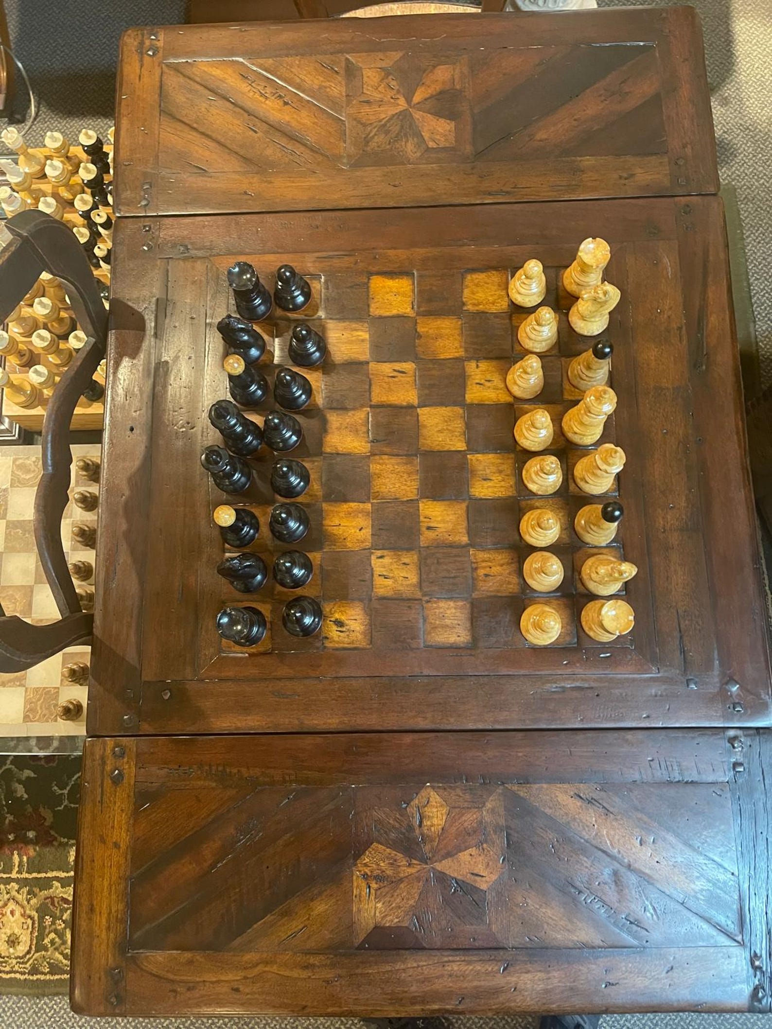 Antique Handcarved Walnut Chess Table, Backgammon Game by Theodore ...