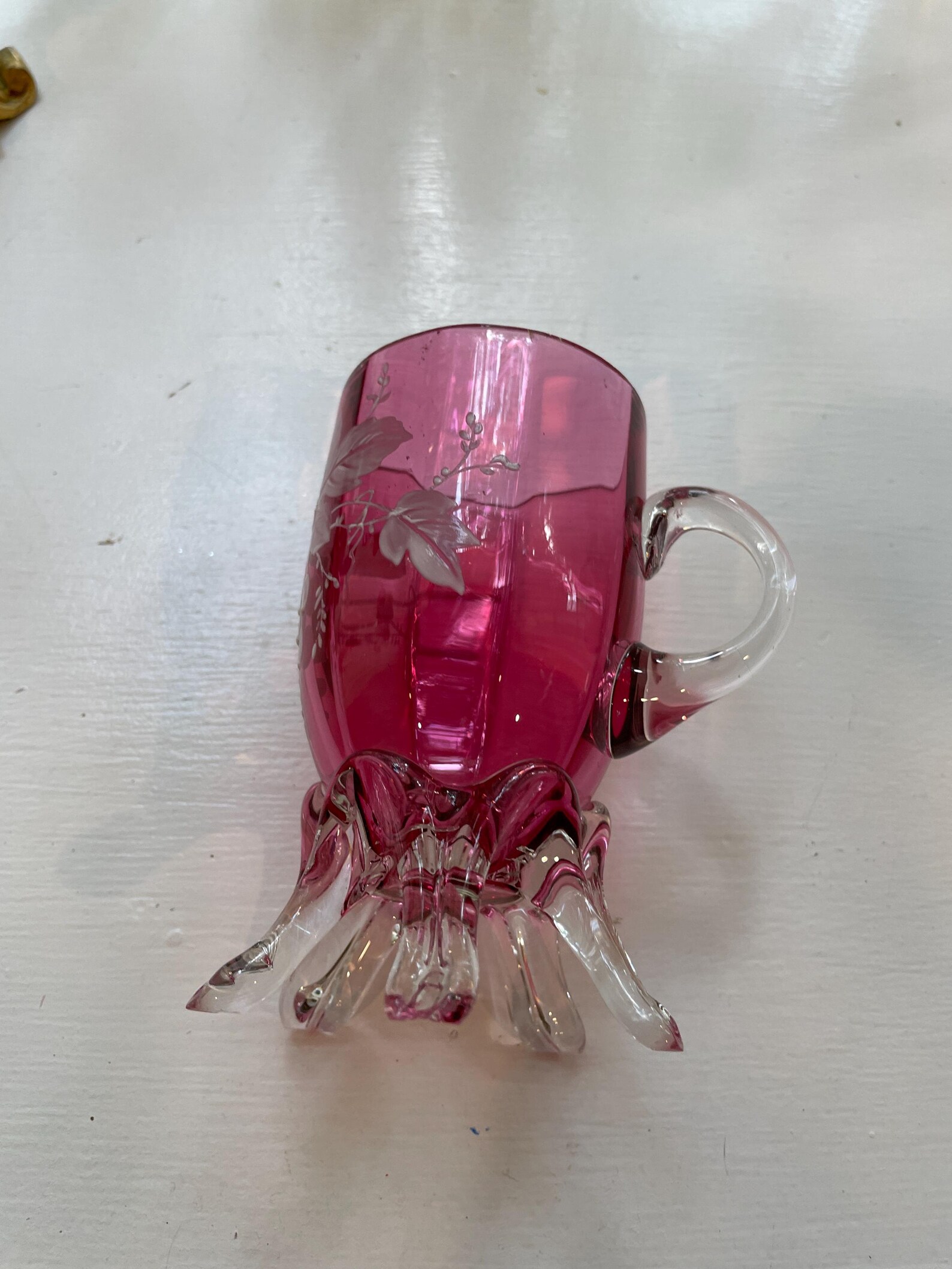 Vintage Ruby Red Glass Punch Bowl Set Etched Grape Leaf Crystal Mugs ...