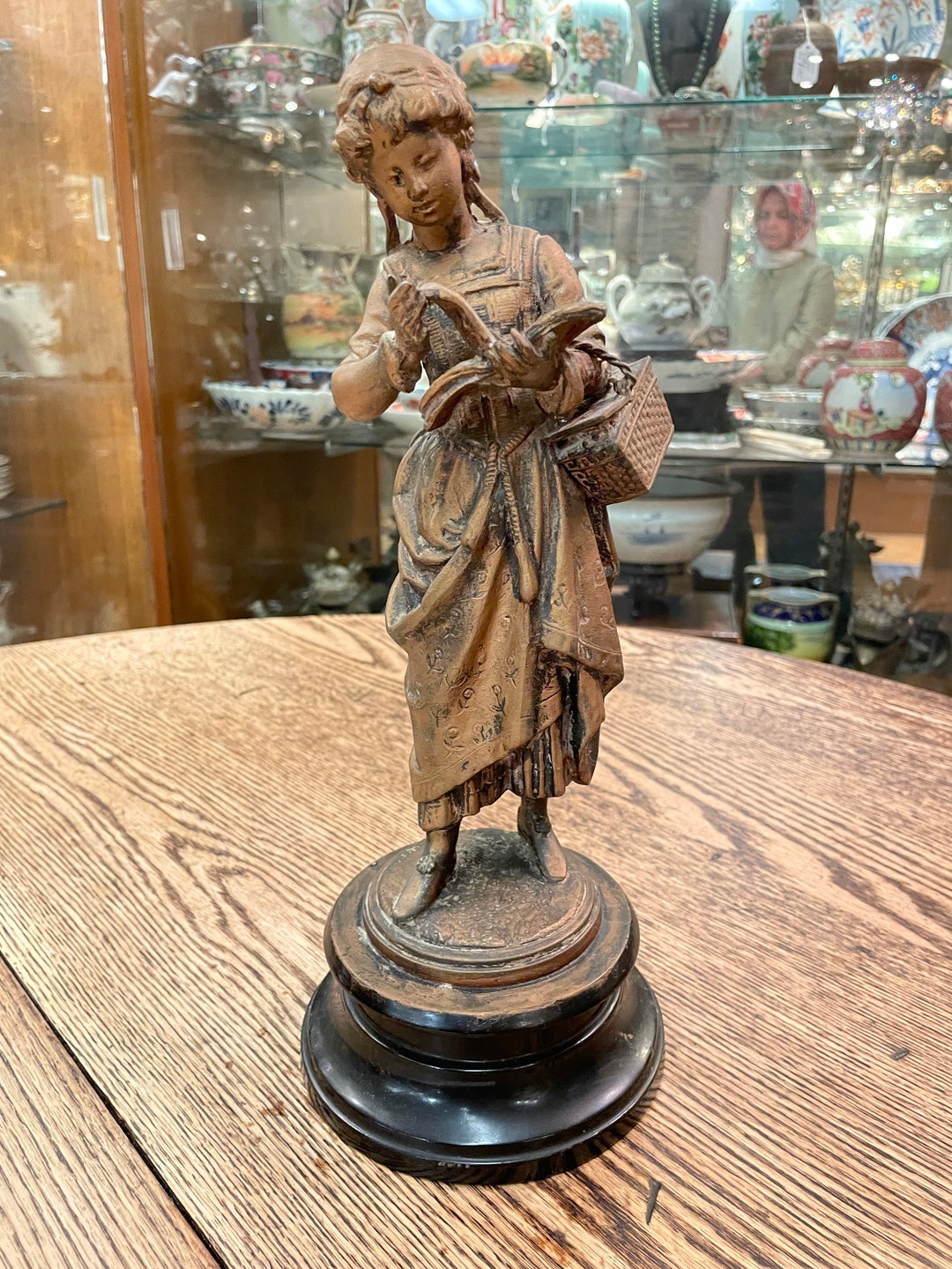 Vintage Girl Reading Book Statue Bronze Finish Figurine With Basket ...