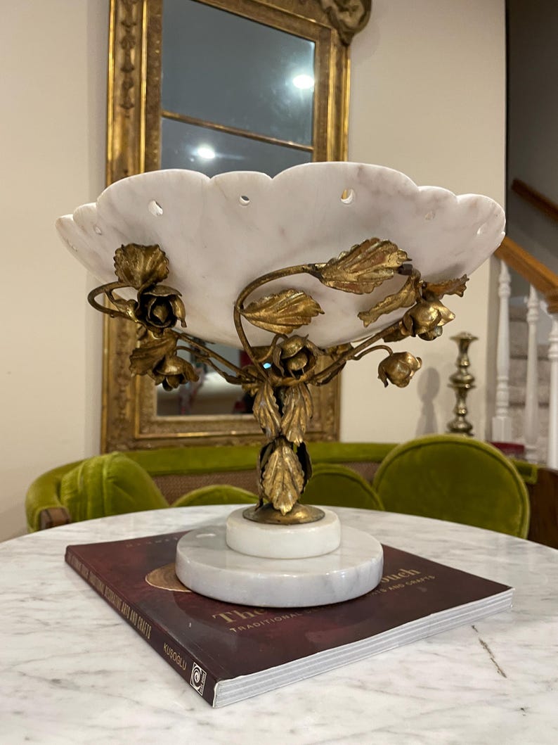 Antique White Marble Compote Centerpiece Pedestal Bowl Ornate Floral ...