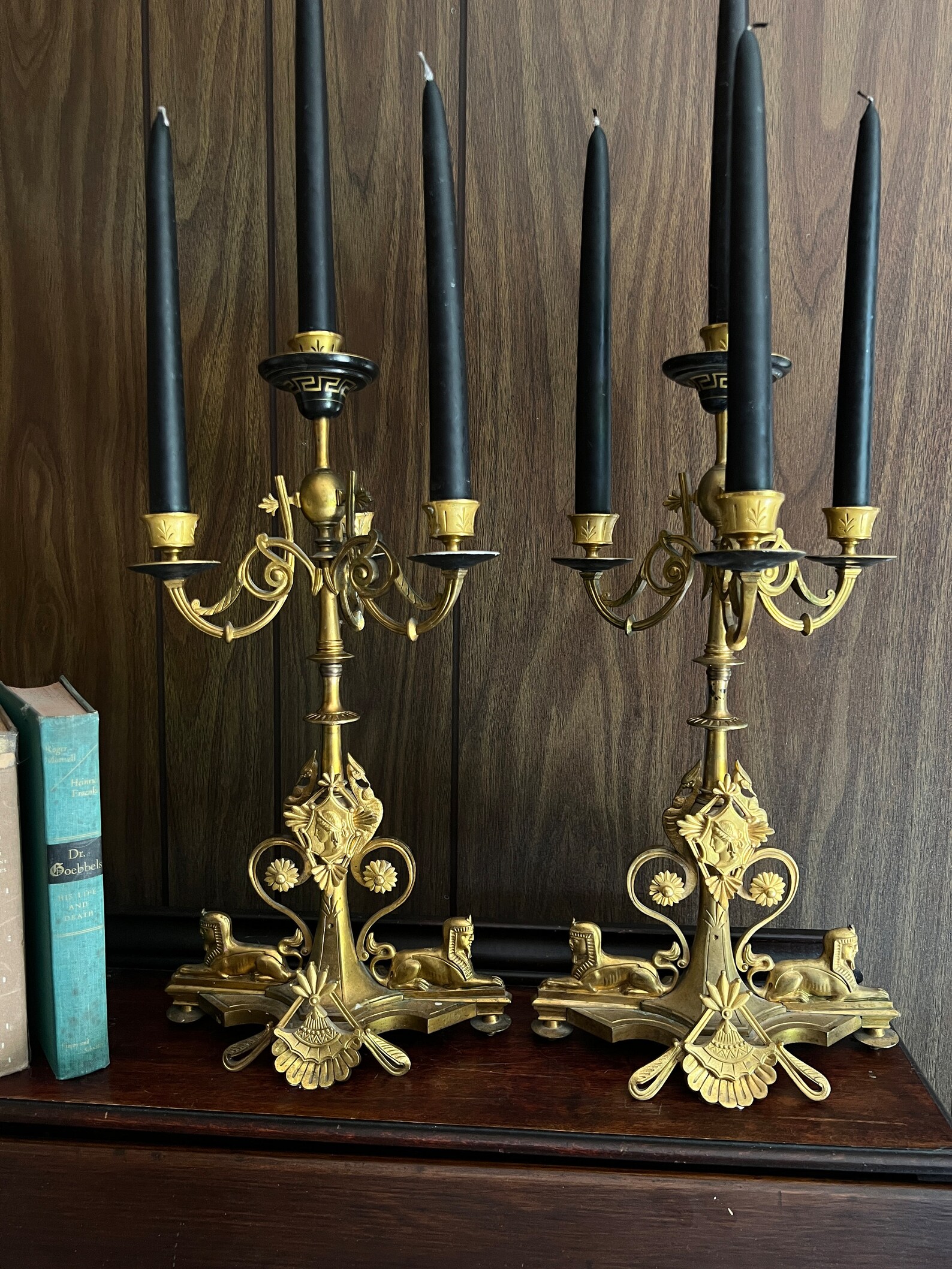 Pair of Empire 5 Light Brass Gold Black Candelabra Unique Sphinx Design ...
