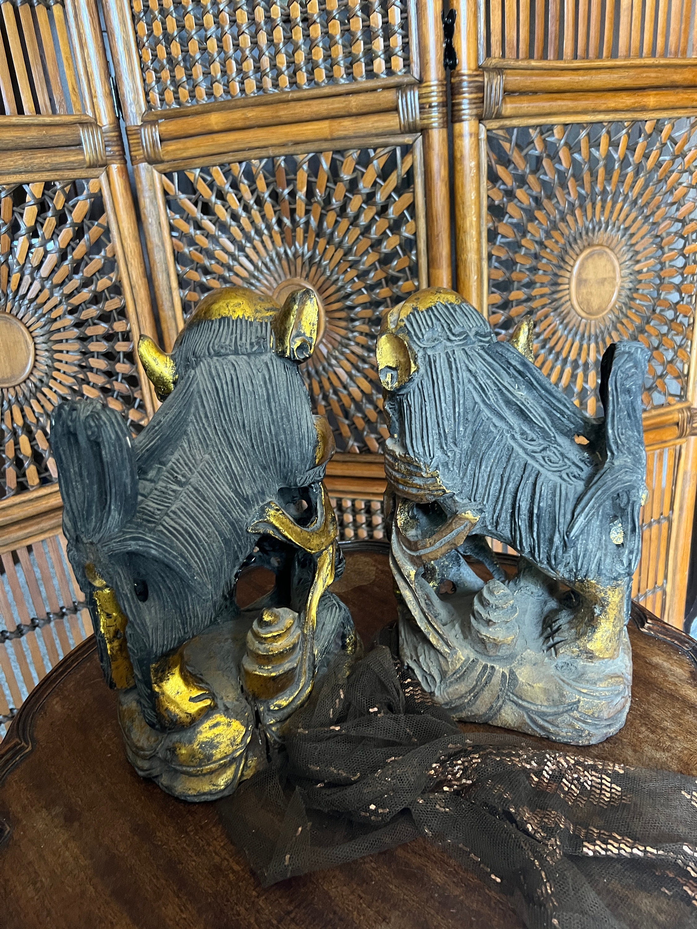 Pair of Antique Chinese Wood Carved Foo Dogs Luck Collectible ...
