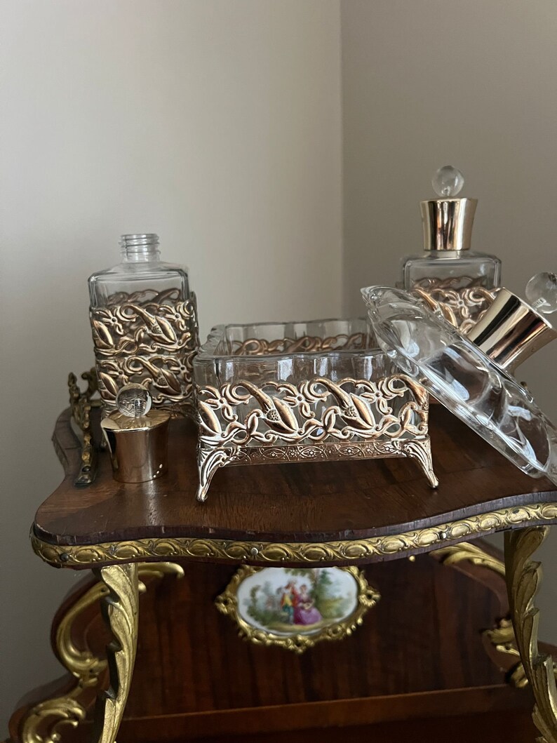 Vintage Filigree Gold Jewel Box & Perfume Bottle's 3pc Set - Etsy
