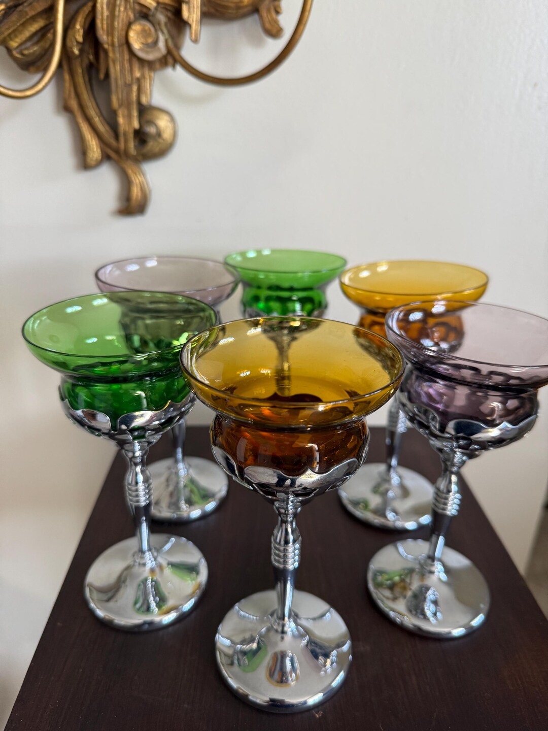 Mid Century Modern Colorful Glass Goblet Set Unique Chrome Stemware ...