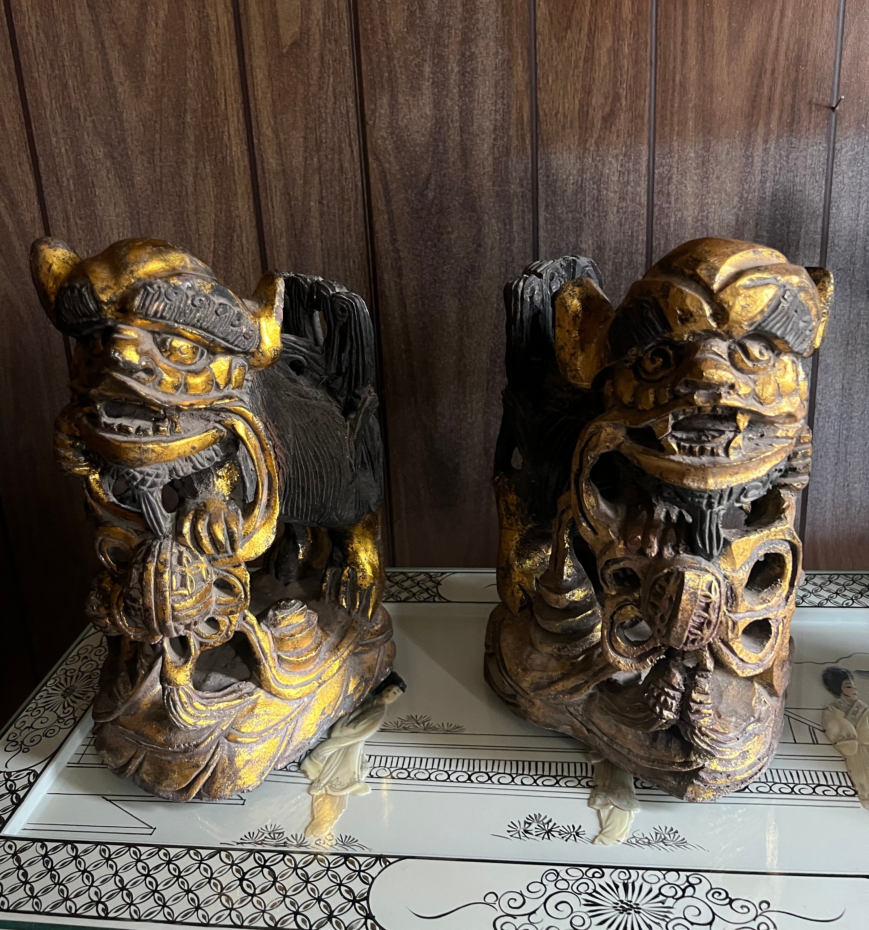 Pair of Antique Chinese Wood Carved Foo Dogs Luck Collectible ...