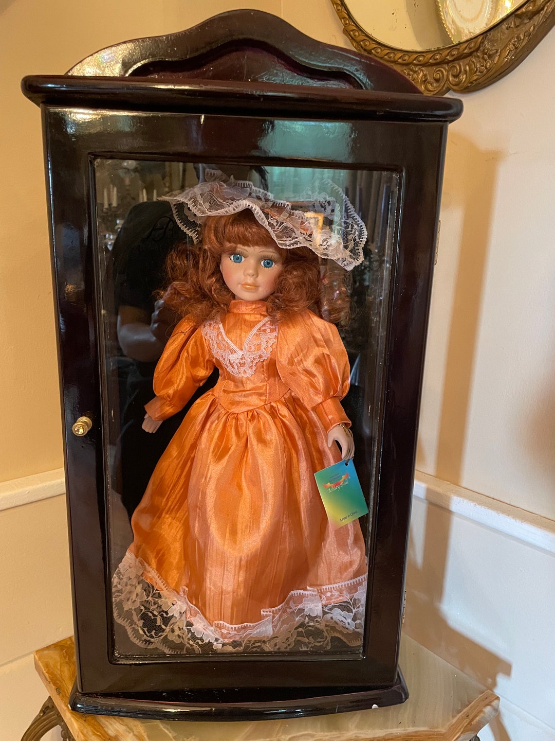 Ashley Belle Porcelain Doll Orange Satin Dress Lace Bonnet Collectible Display Figure Victorian ...