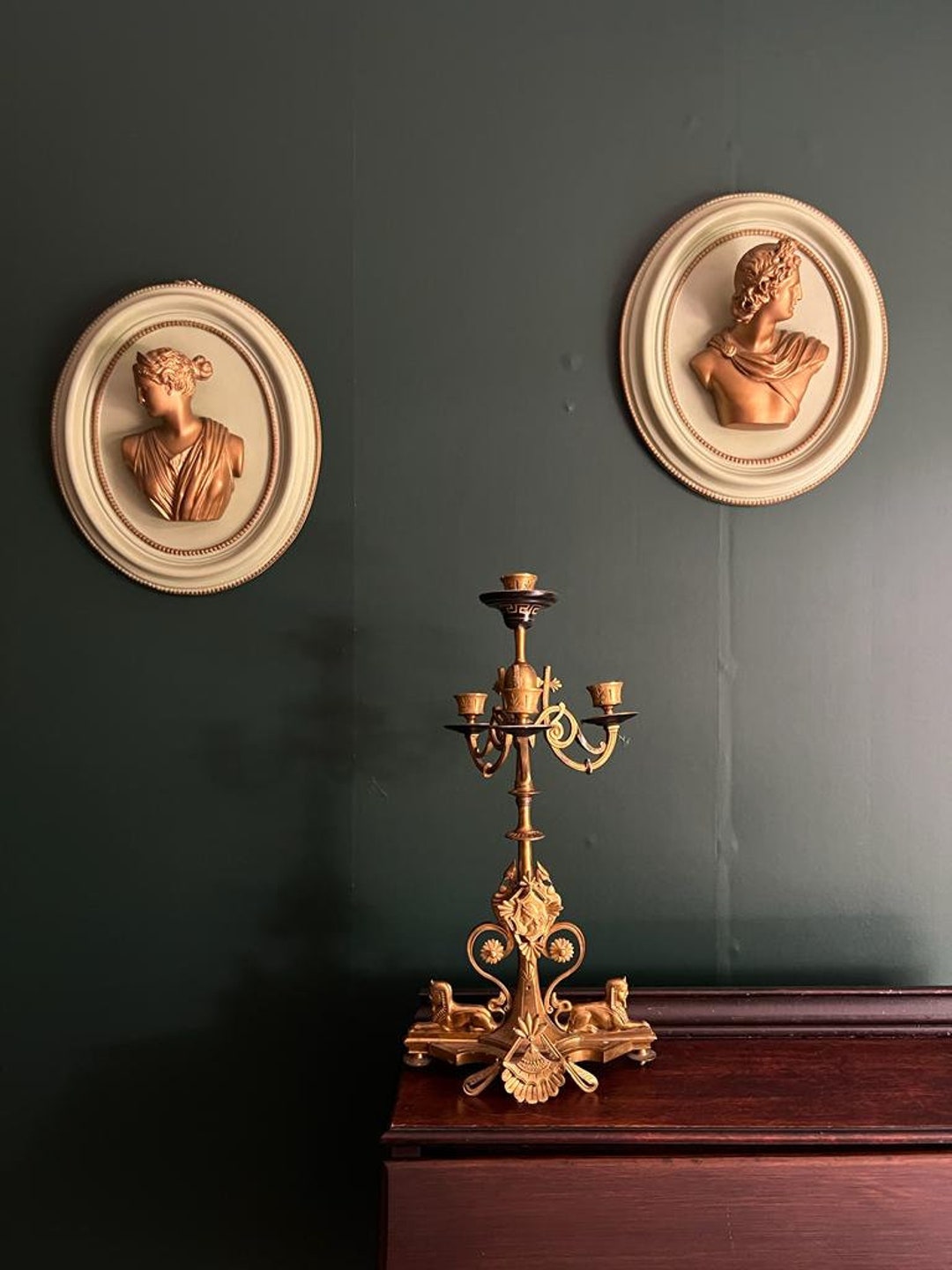 Unique Pair Bust Sculpture Apollo Artemis Oval Mint Gold Plaster Wall ...
